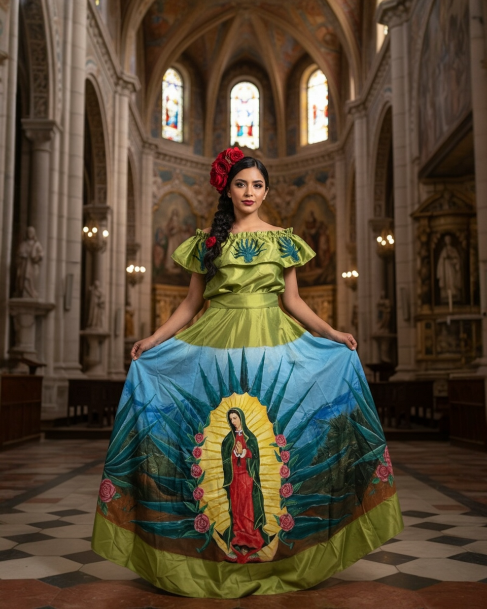 Artisanal Hand-Painted Mexican Two-Piece Dress - Virgen de Guadalupe ...